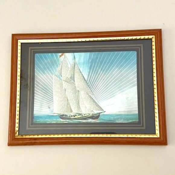 Art | Metallic Foil Ship At Sea Art Nautical Sailboat Vintage Framed W ...